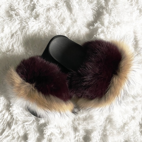 Shoes | Burgundy And White Fur Slides | Poshmark